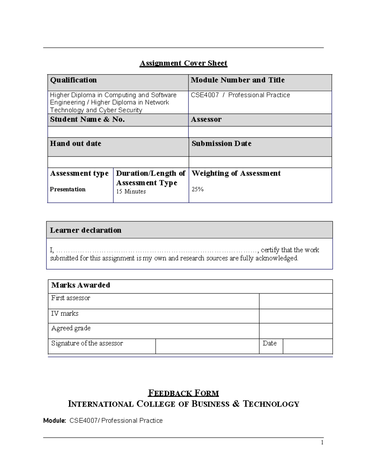 CSE4007 PRES1 - llllllllllllllllll - Assignment Cover Sheet Qualification Module Number and ...