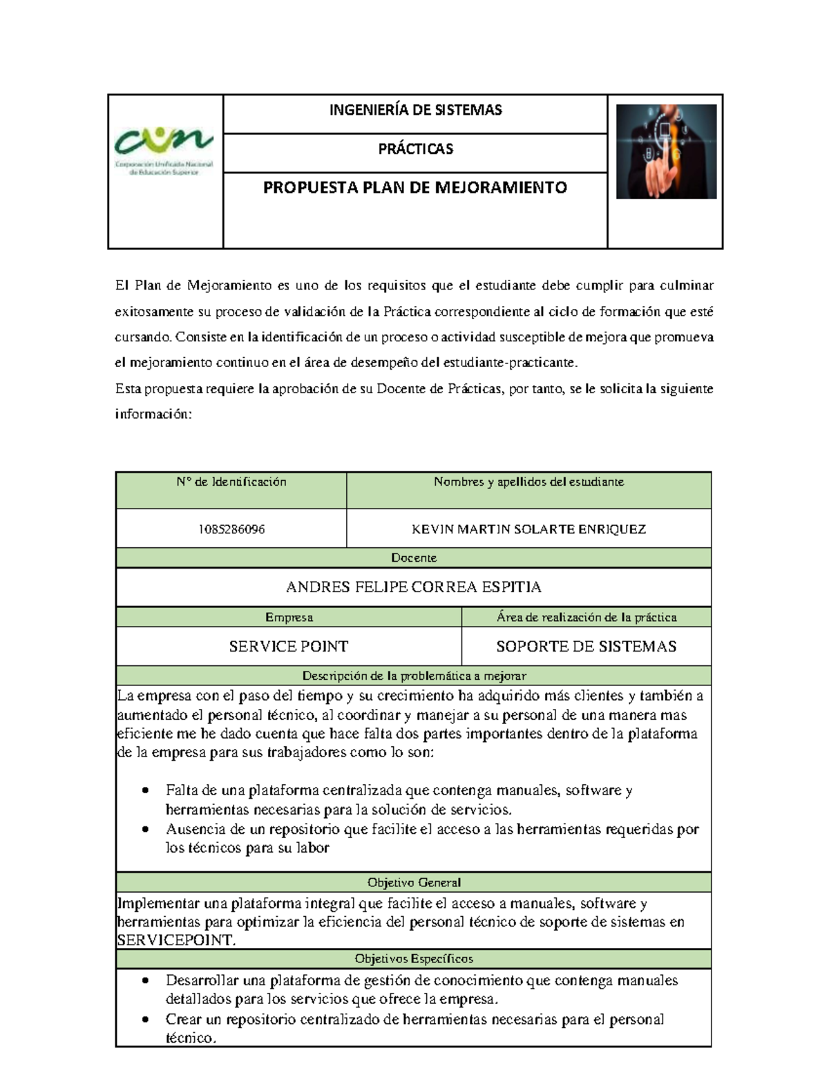 Propuesta Plan de Mejoramiento Kevin Solarte - INGENIERÍA DE SISTEMAS ...