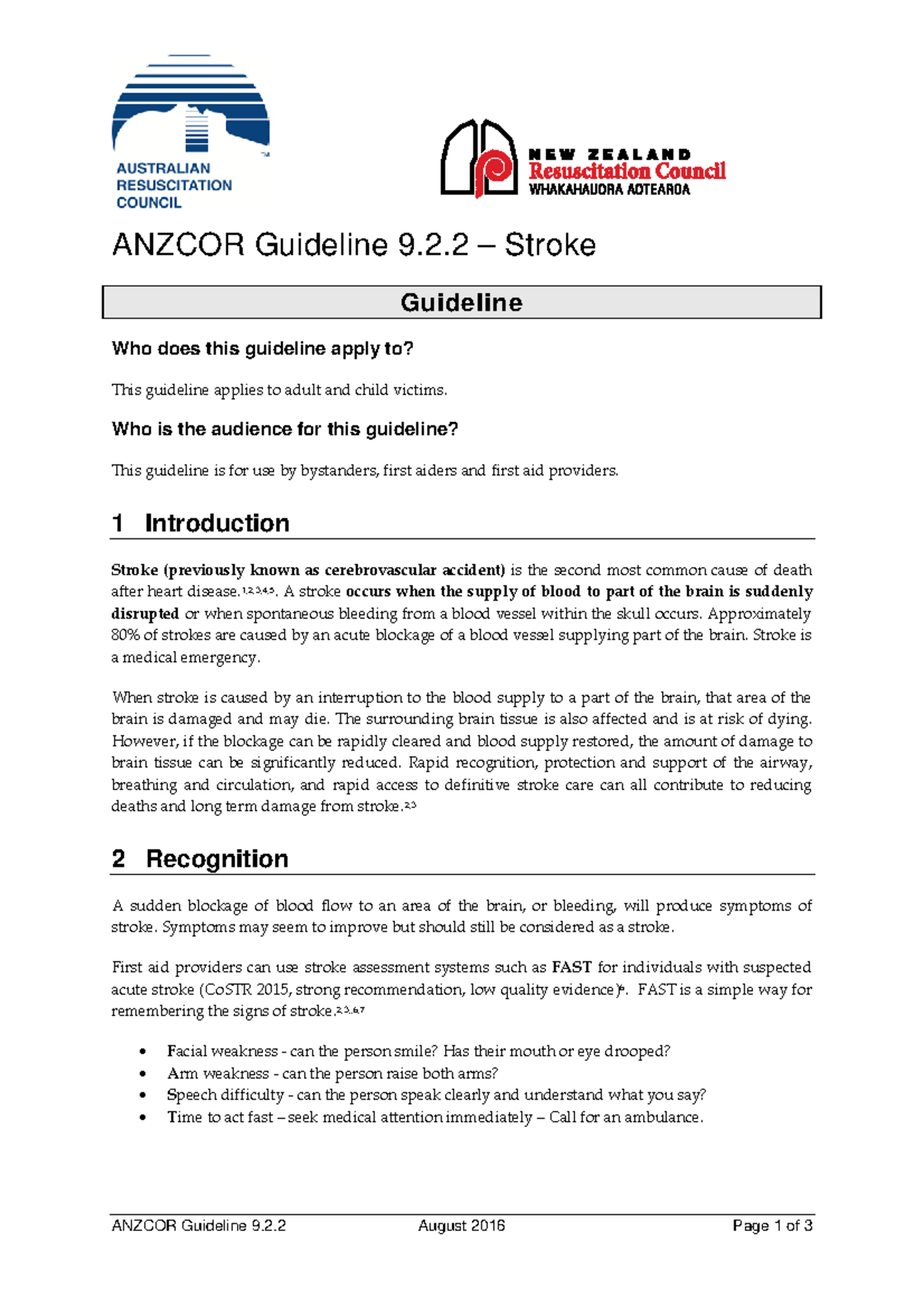 Anzcor guideline 9 2 2 stroke aug 16 - ANZCOR Guideline 9.2 August 2016 ...