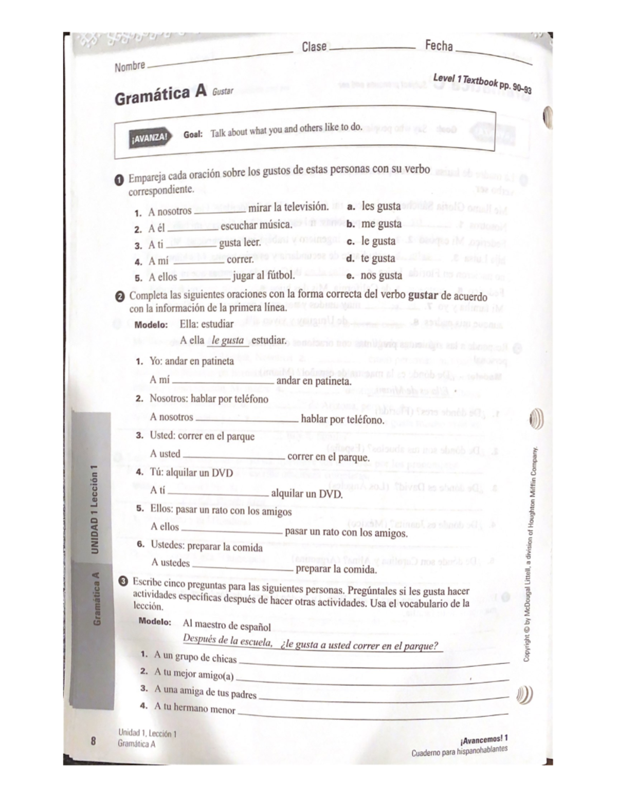 3R Gustar A - work - Clase Fecha Nombre Gramática A Gustar Level 1 ...
