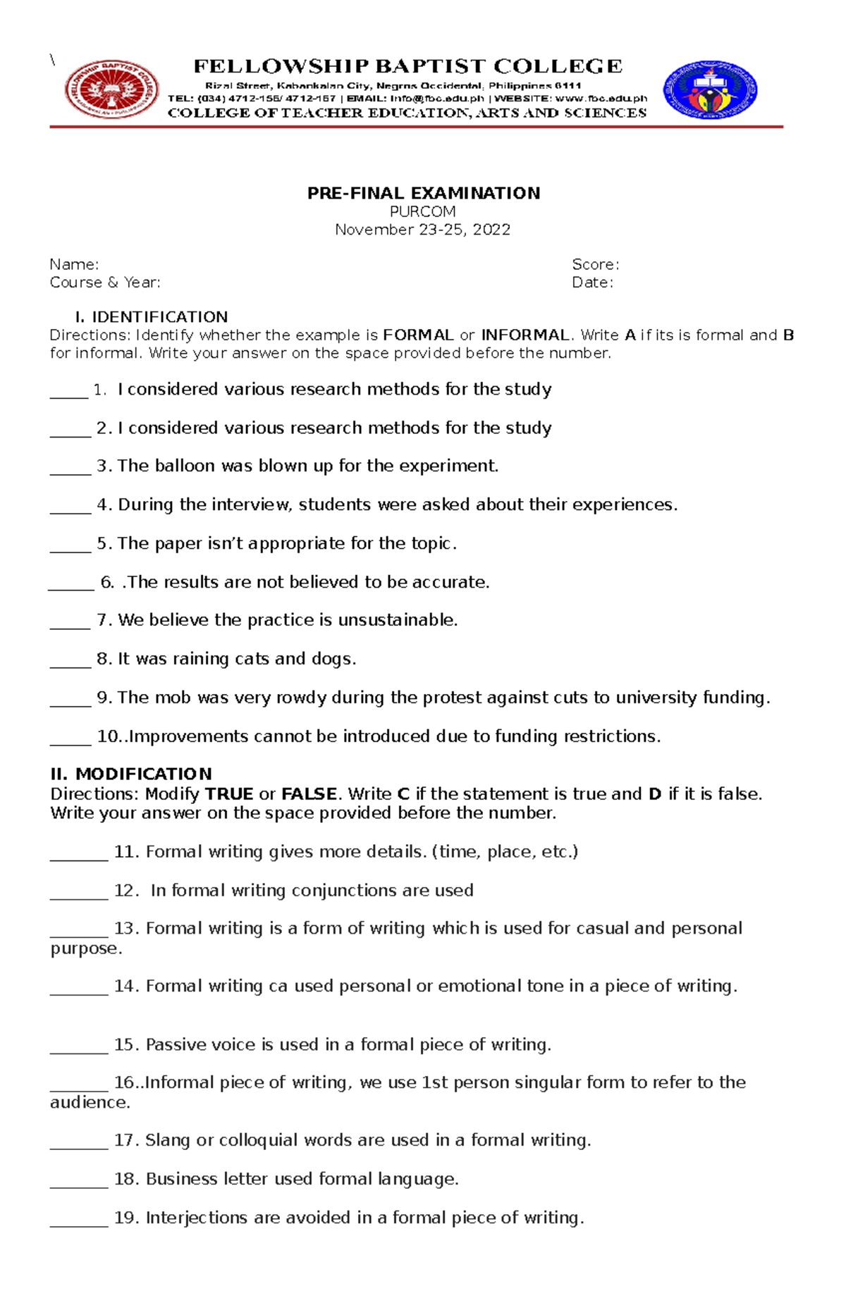 Purcom. Spaecial. Exam. Prefinal - \ PRE-FINAL EXAMINATION PURCOM November 23-25, 2022 Name ...