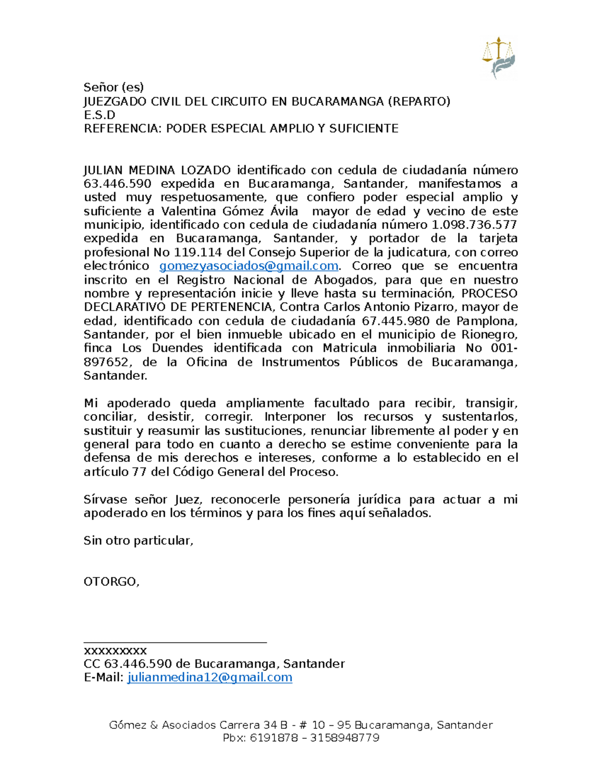 Poder Civil - Señor (es) JUEZGADO CIVIL DEL CIRCUITO EN BUCARAMANGA ...