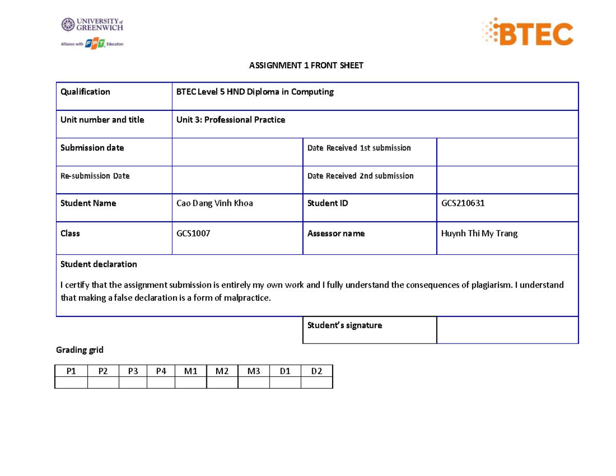 1622 Database - ASSIGNMENT 1 FRONT SHEET Qualification BTEC Level 5 HND Diploma in Computing ...