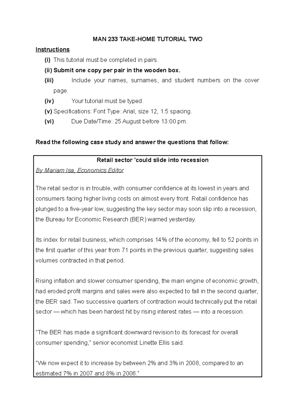MAN 233 Hand in tutorial two - MAN 233 TAKE-HOME TUTORIAL TWO ...