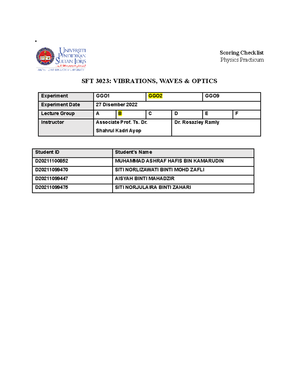 SFT-3023 - Scoring Checklist Physics Practicum SFT 3023: VIBRATIONS ...