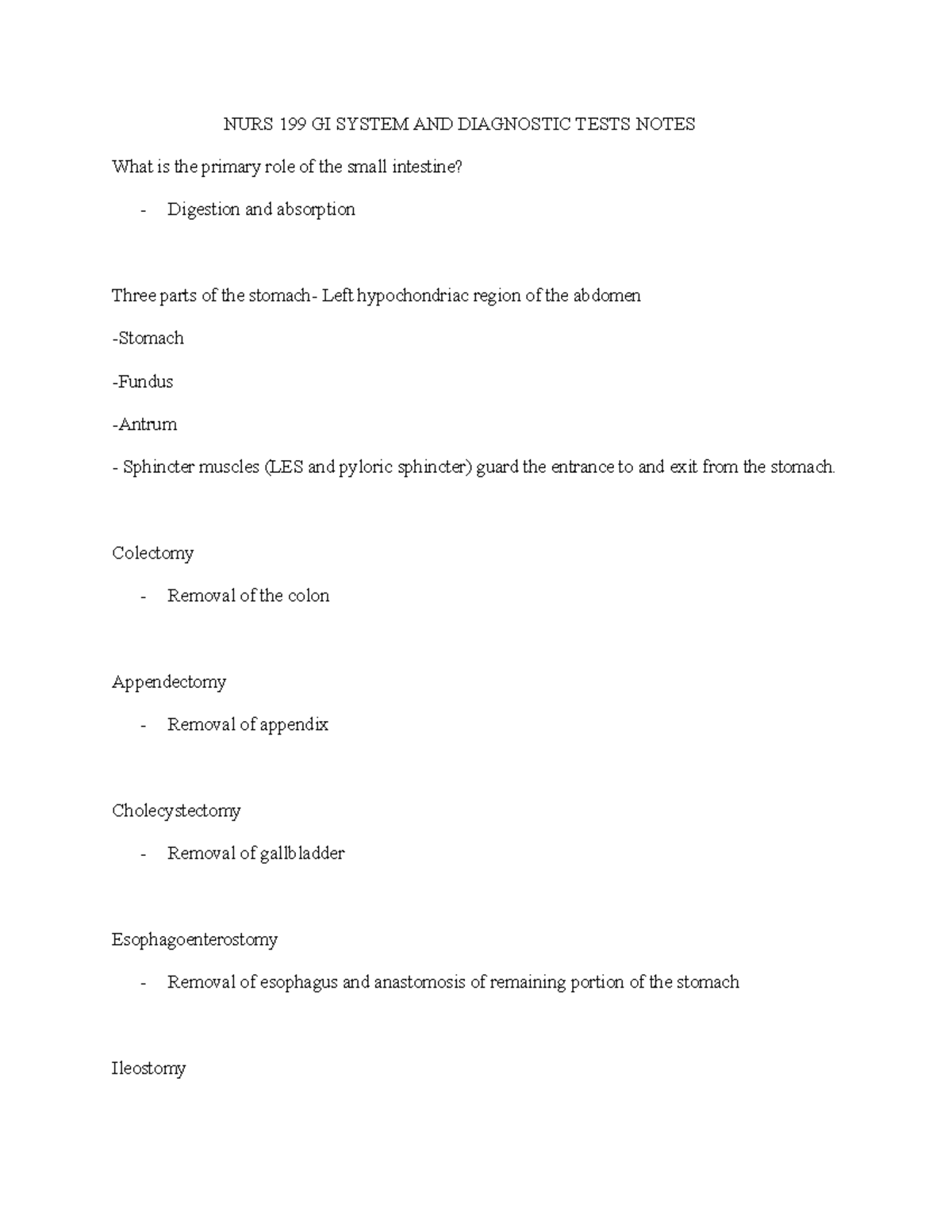 NURS 199 GI System AND Diagnostic Tests Notes - NURS 199 GI SYSTEM AND ...