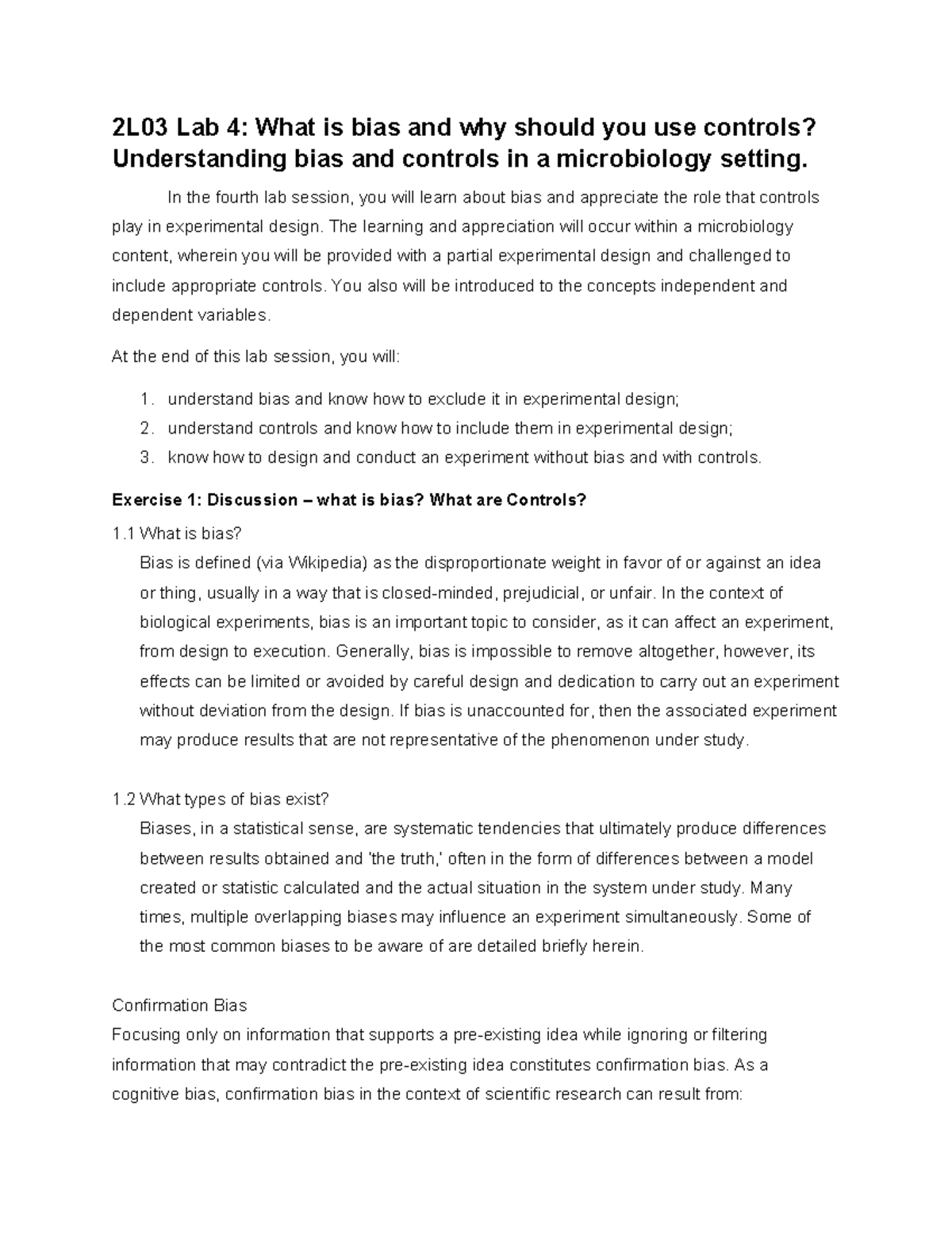 Lab 4 manual - Bio 2L03 Lab Manuel 4 - 2L03 Lab 4: What is bias and why should you use controls ...