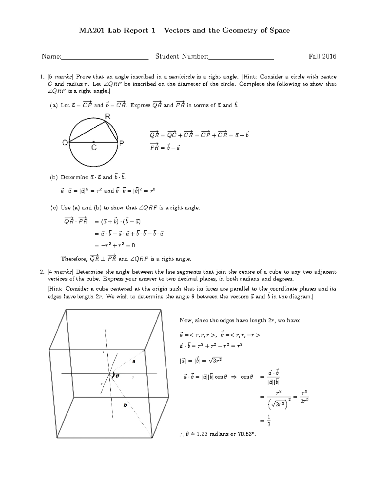 Lab 1 Tutorial Solutions F16 MA201 - MA201 Lab Report 1 - Vectors and the Geometry of Space Name ...