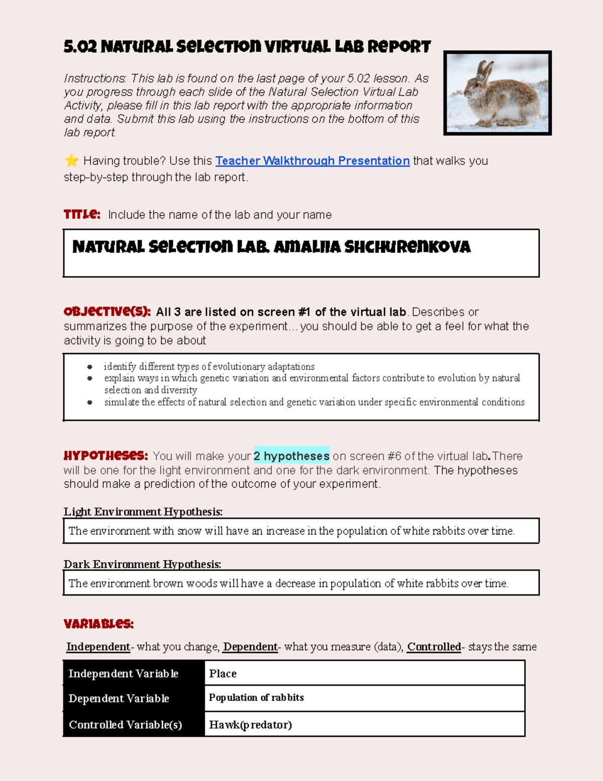 5.02 lab report template-v23 - 5 Natural Selection Virtual Lab Report Instructions: This lab is ...