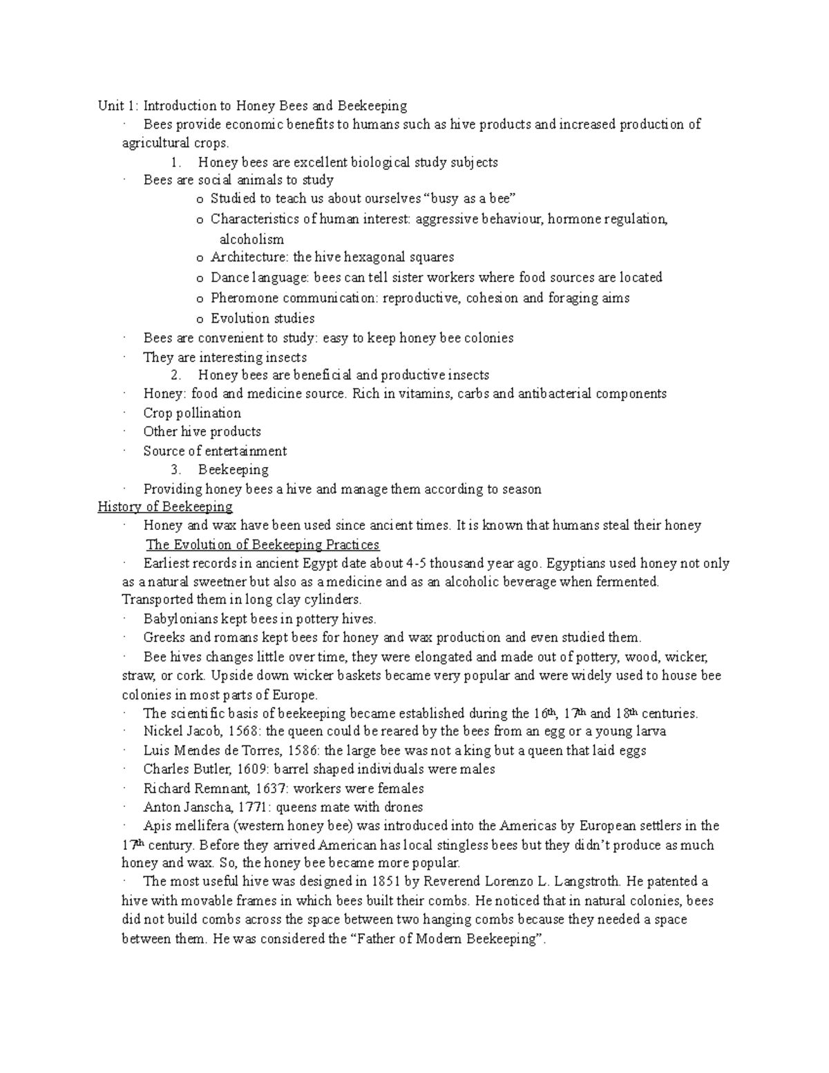 Honey-Bee-Notes - Summary Honey Bee Biology - Unit 1: Introduction to ...