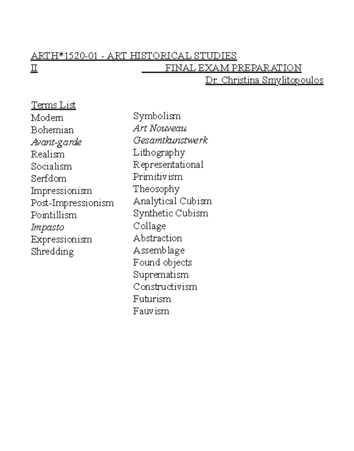 Final Exam Terms List 20242 - ARTH*1520-01 - ART HISTORICAL STUDIES II ...