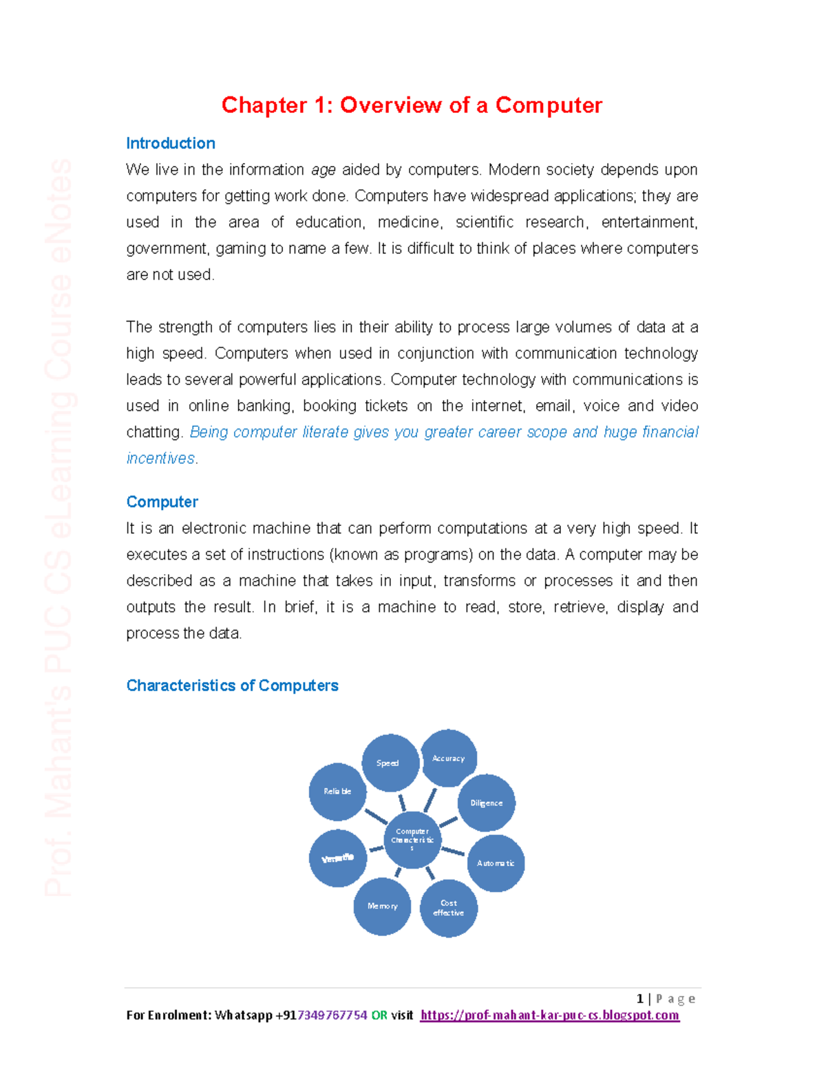 Notes PDF Chapter 1 Overview Of A Computer PUC Computer Science 1