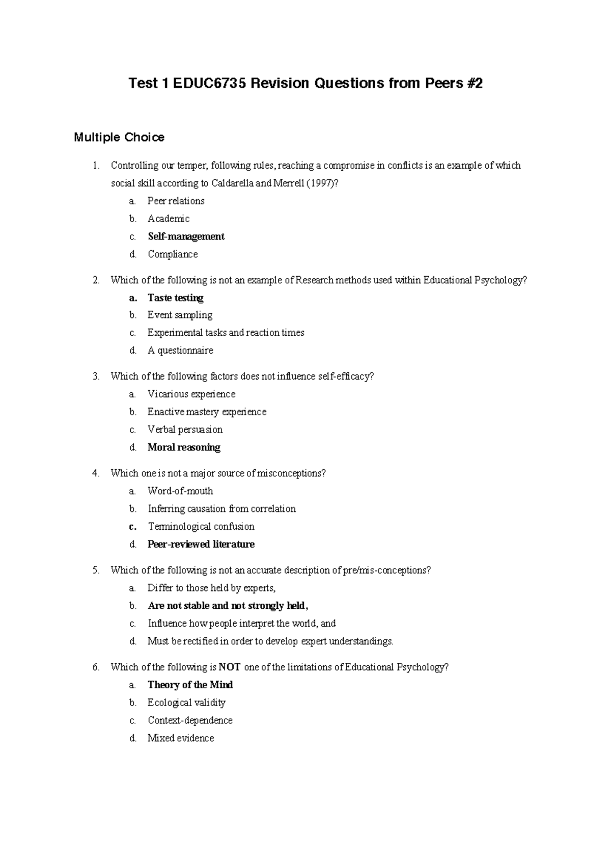 EDUC6735 2 Q & A - WEEK 1-6 SUMMARY QUIZ QUESTIONS - Test 1 EDUC6735 ...