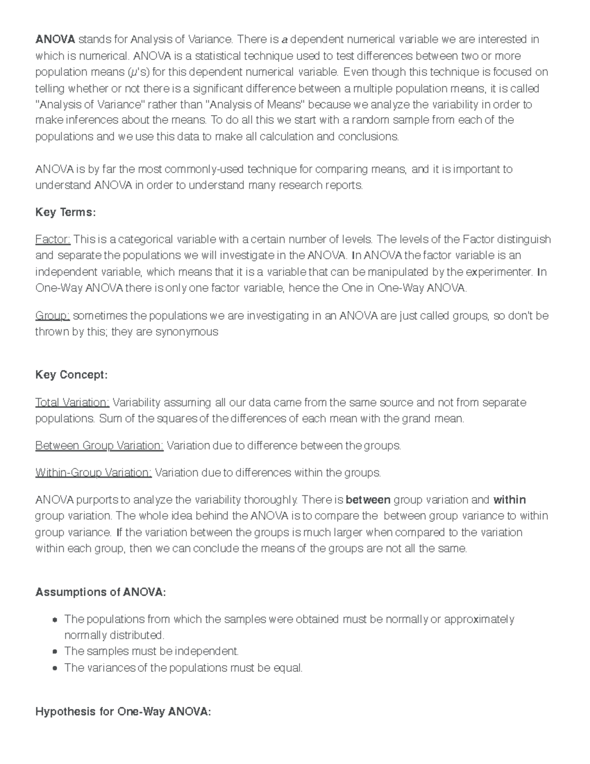 One-Way Anova notes - 24FA MA-321-OL5 D... Alysis FOR Business ...