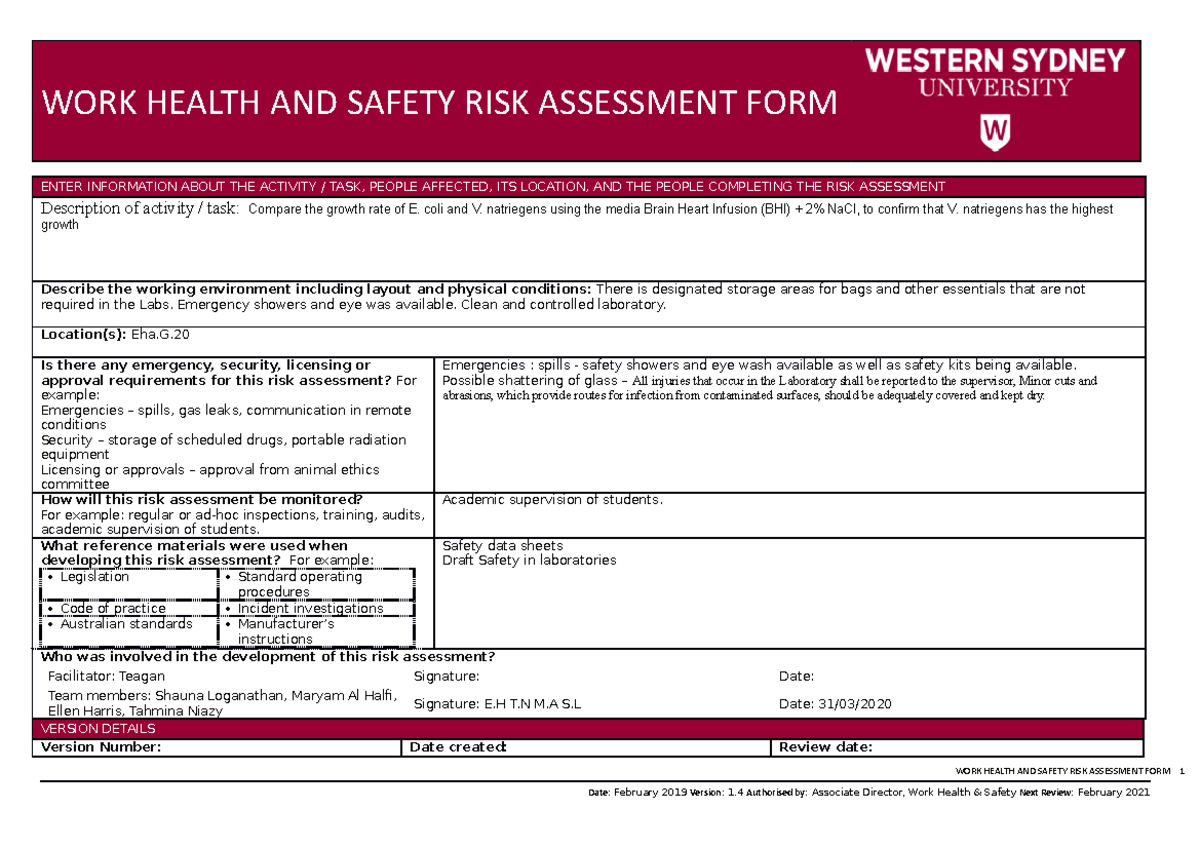 Risk assessment micro - WORK HEALTH AND SAFETY RISK ASSESSMENT FORM ...