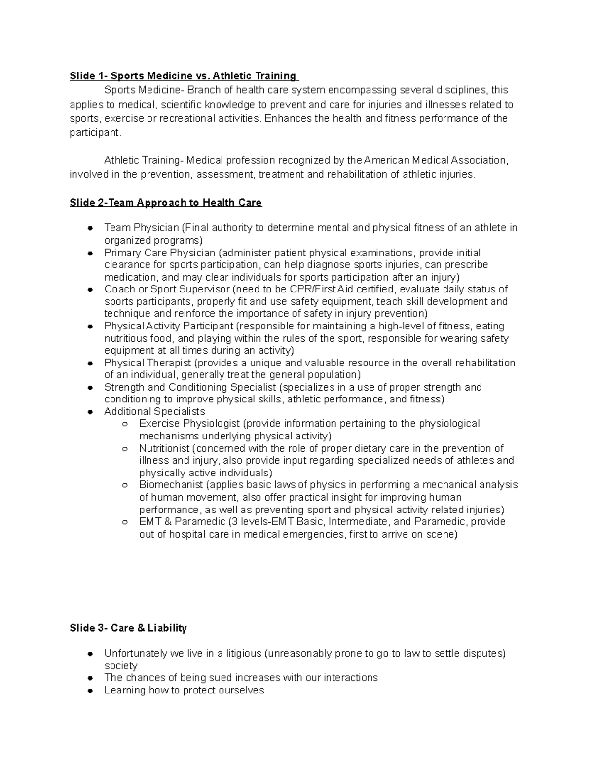 U1 S1-Injury Care & Liability Notes - Slide 1- Sports Medicine vs ...