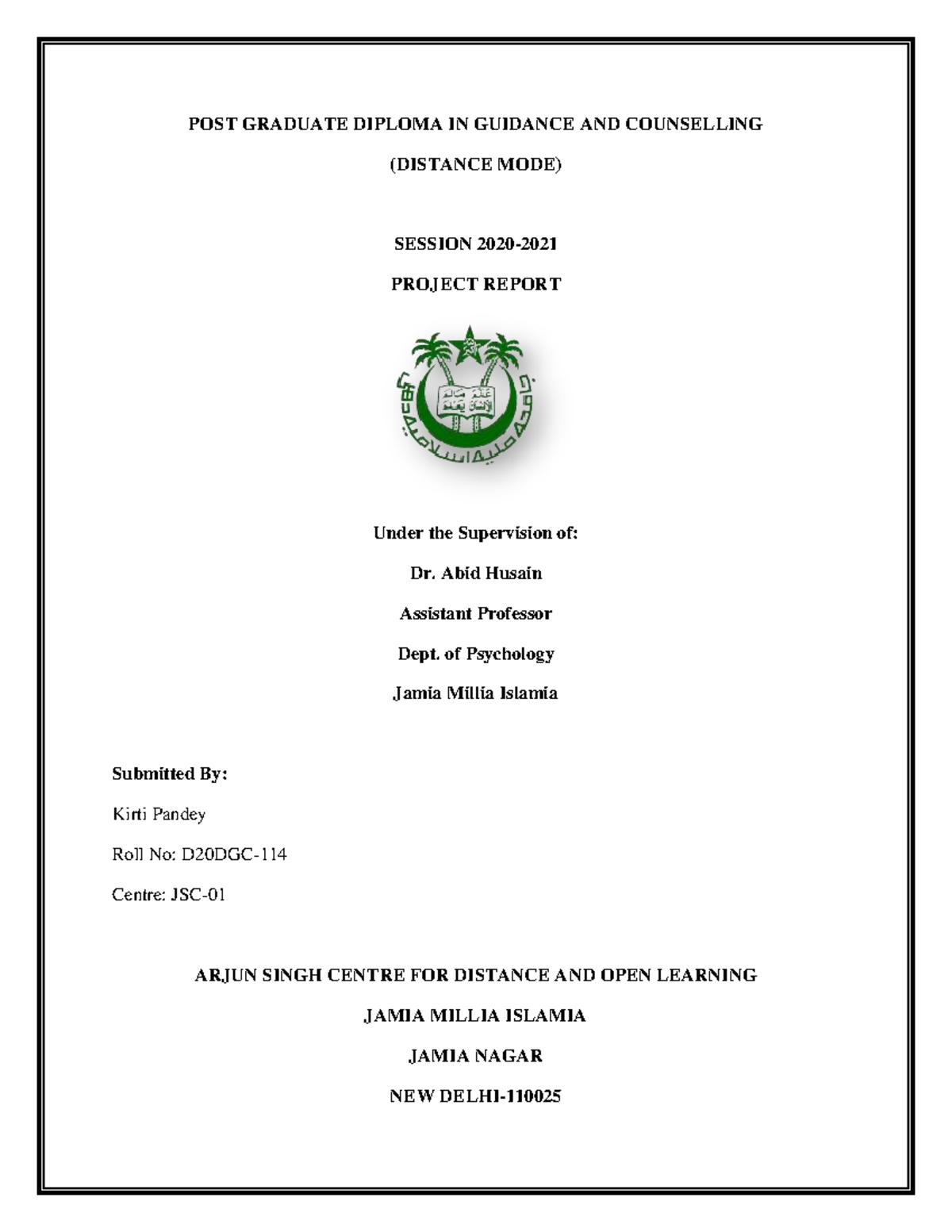 Project Report-D20DGC114 - POST GRADUATE DIPLOMA IN GUIDANCE AND ...