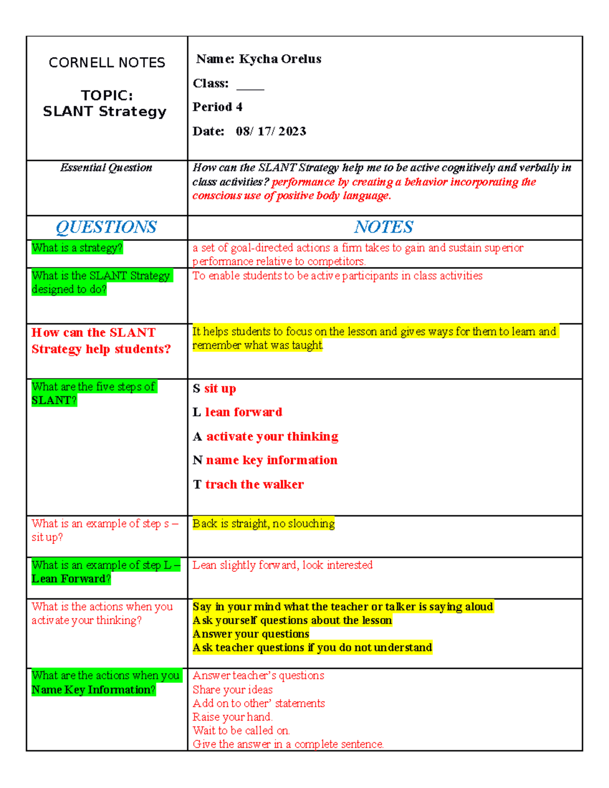 Period 4 - j kj, k kk, jmn k kn b - CORNELL NOTES TOPIC: SLANT Strategy ...
