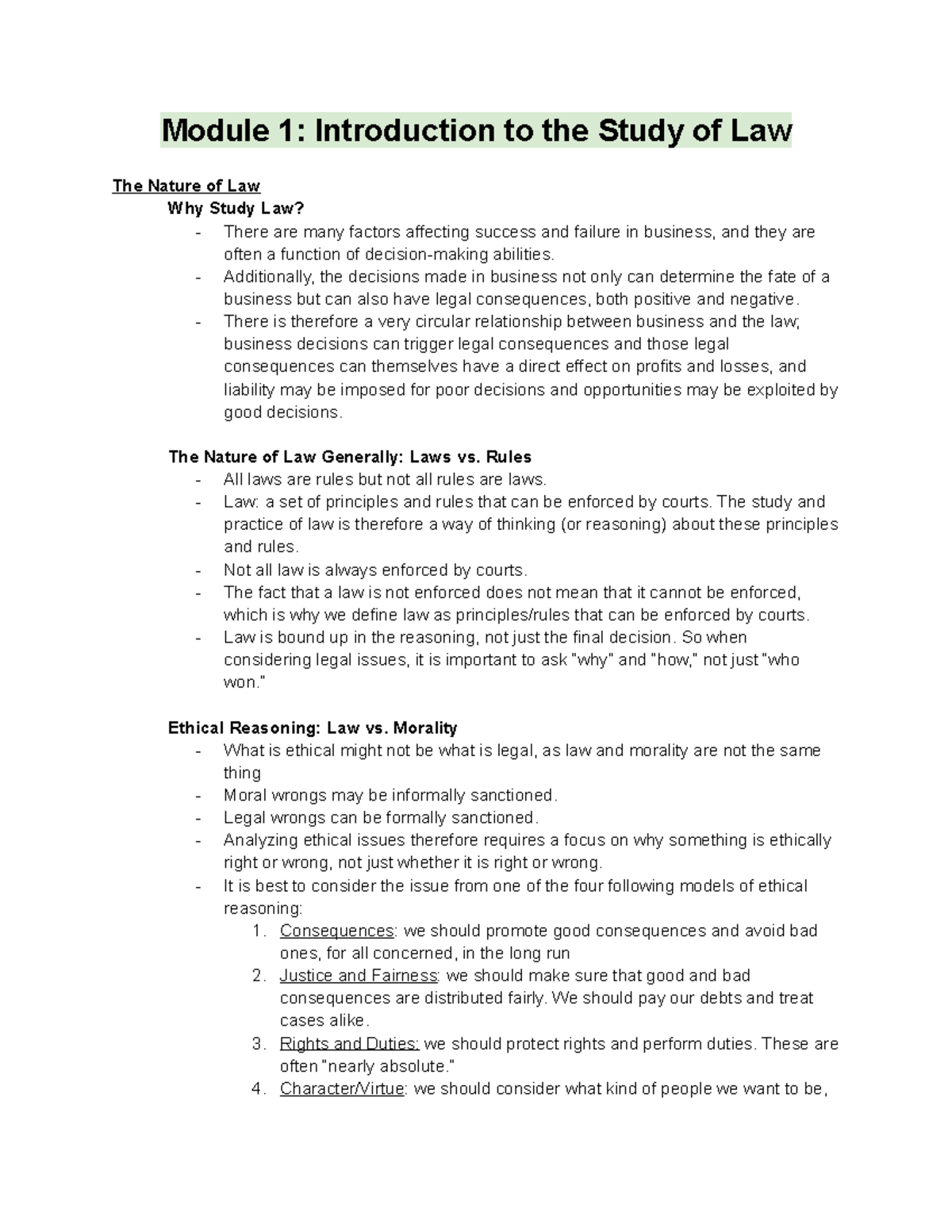 C LAW122 Modules - Module 1: Introduction to the Study of Law The ...