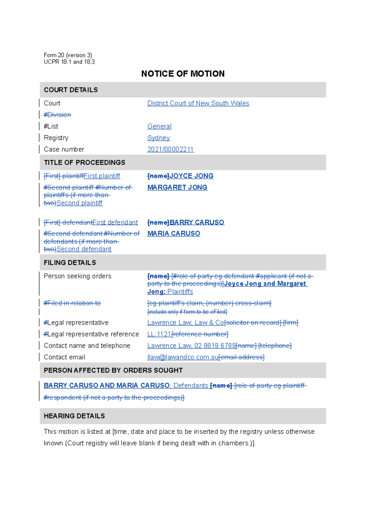 Activity 2.1 Notice of Motion - Form 20 (version 3) UCPR 18 and 18 ...