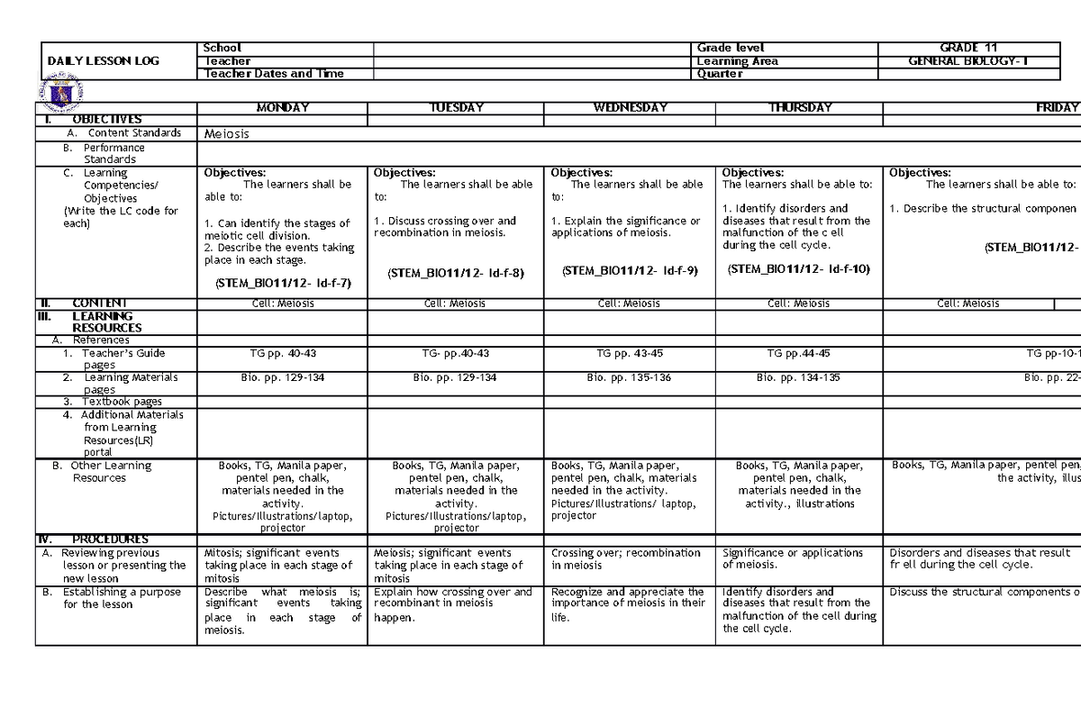 1 dll gen bio 1 - DLL - DAILY LESSON LOG School Grade level GRADE 11 ...