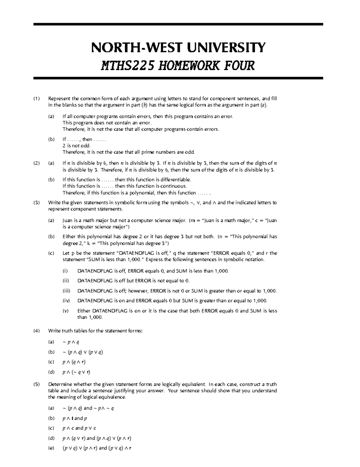 MTHS225 Tutorial FOUR - NORTH-WEST UNIVERSITY MTHS225 HOMEWORK FOUR (1 ...