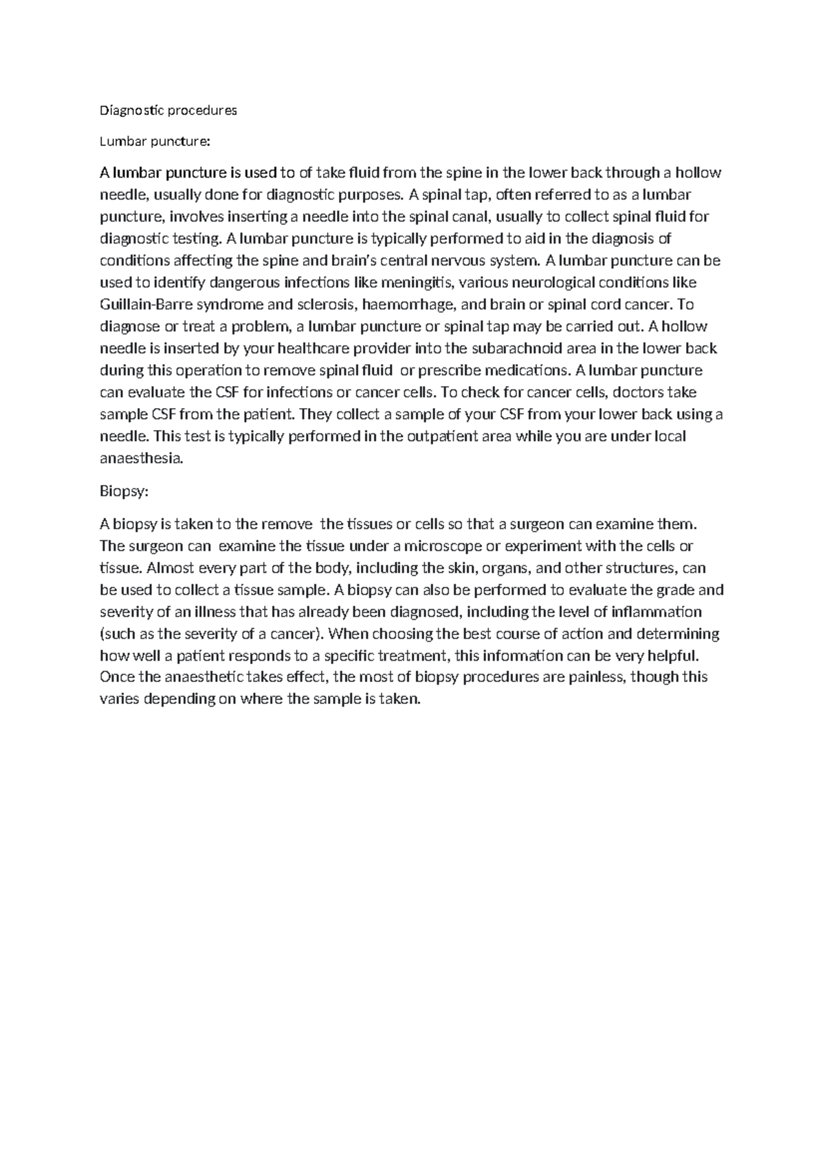 Diagnostic procedures - Diagnostic procedures Lumbar puncture: A lumbar ...