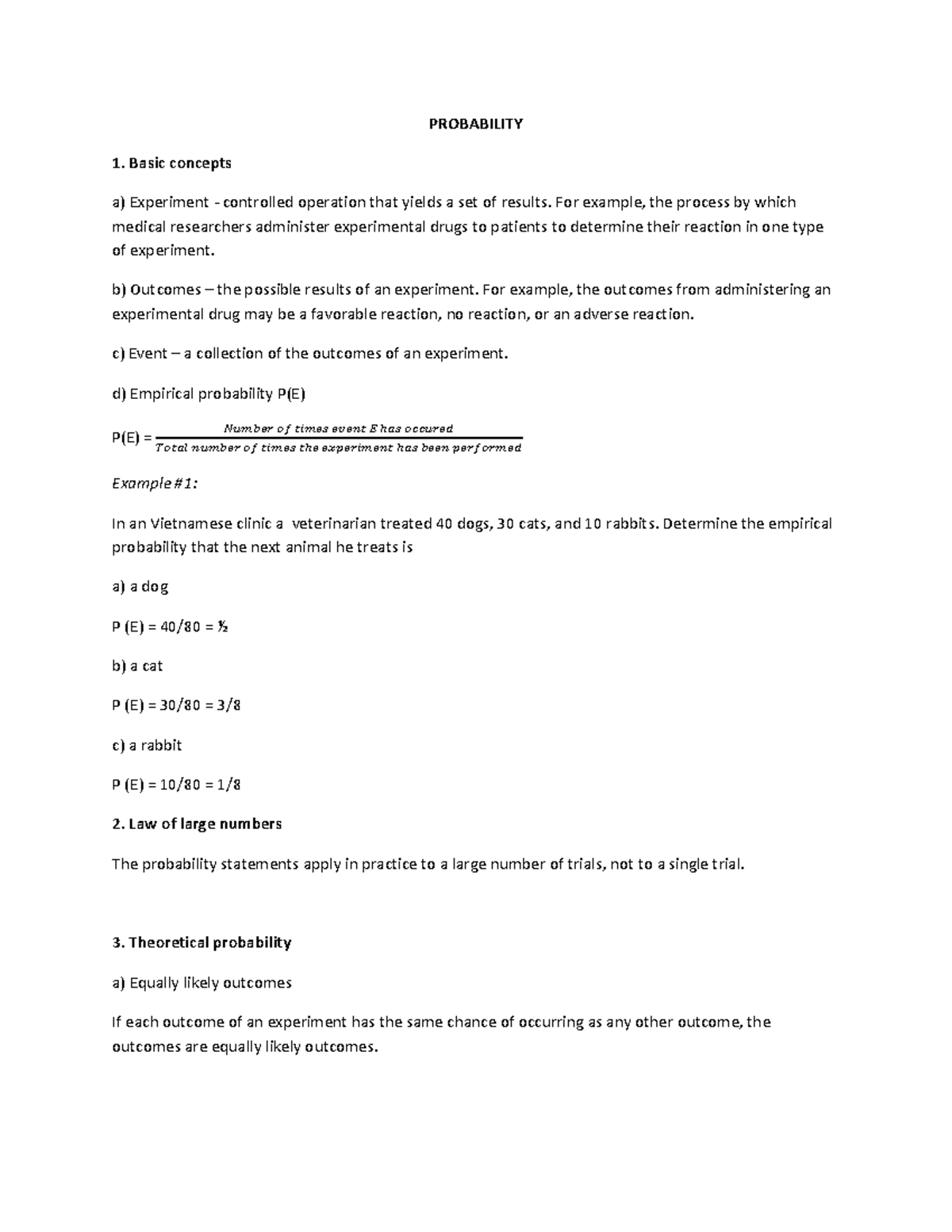 Probability Notes - PROBABILITY 1. Basic concepts a) Experiment ...
