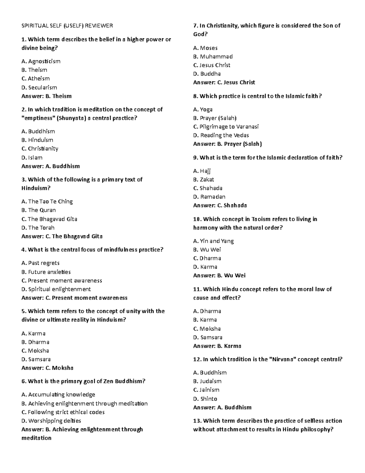 Spiritual SELF Questions - SPIRITUAL SELF (USELF) REVIEWER Which term ...