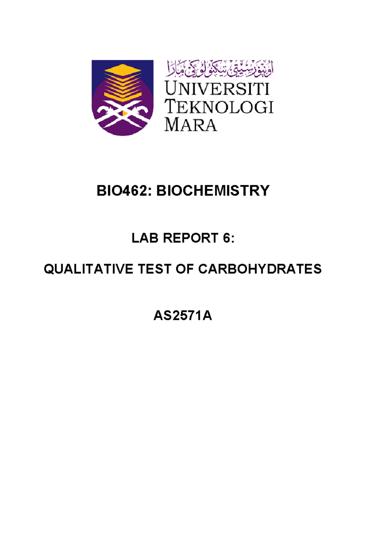 LAB 6 Carbohydrates BIO462 - BIO462: BIOCHEMISTRY LAB REPORT 6 ...