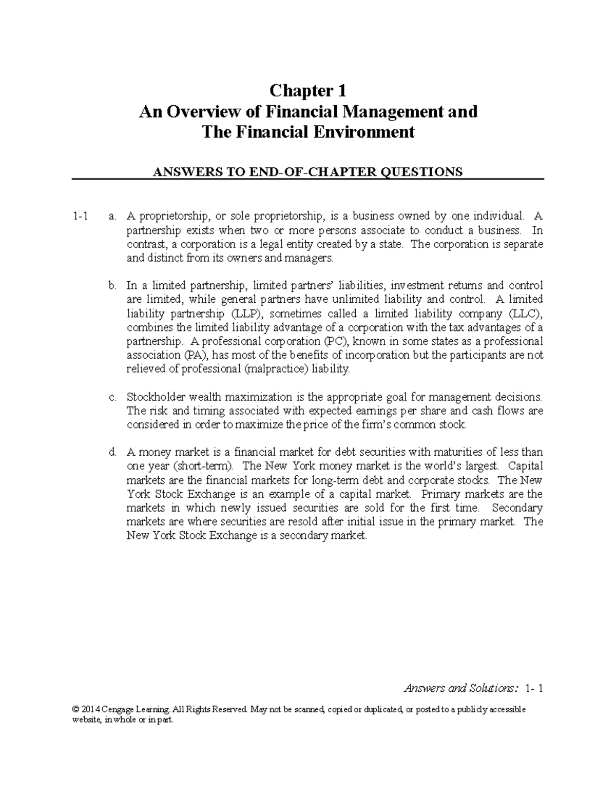 FM14e SM Ch01 - Brigham Chapter's Solution - Chapter 1 An Overview of Financial Management and ...