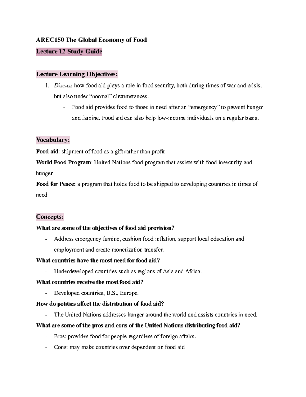 Module 5 Lecture 12 Study Guide - AREC150 The Global Economy of Food ...