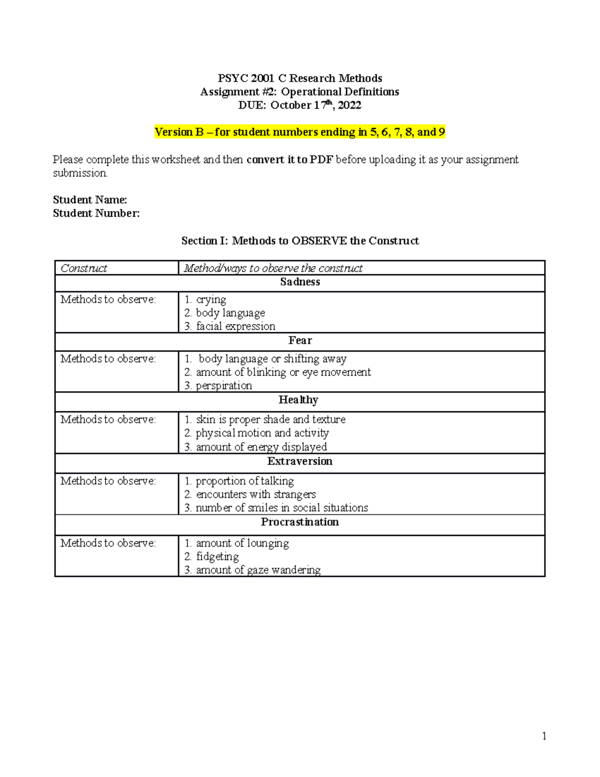 Assignment ^N2 - Worksheet Version B - PSYC 2001 C Research Methods Assignment #2: Operational ...