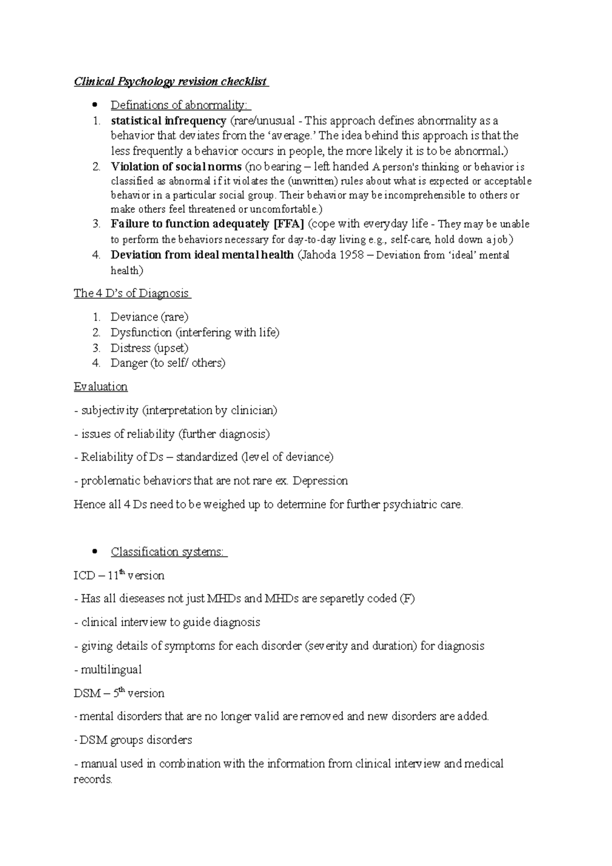 Clinical Psychology revision checklist - statistical infrequency (rare ...