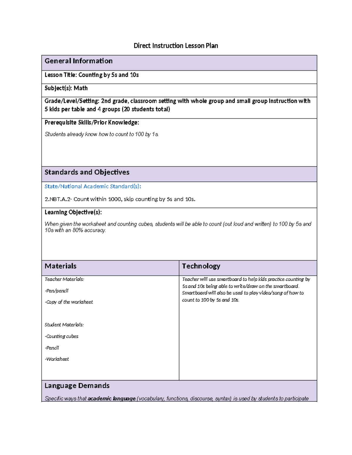 D237 Assignment - Task 1 - Direct Instruction Lesson Plan General ...