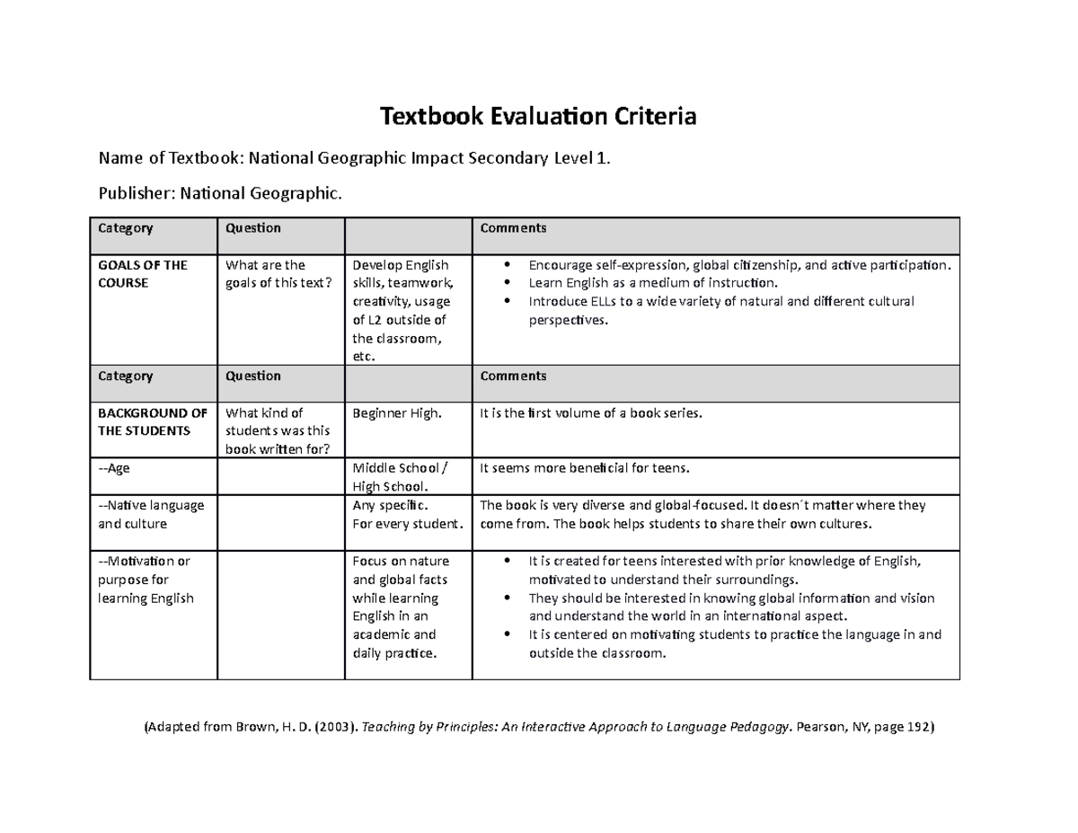 ESL.EFL Textbook Evaluation Table - Textbook Evaluation Criteria Name ...