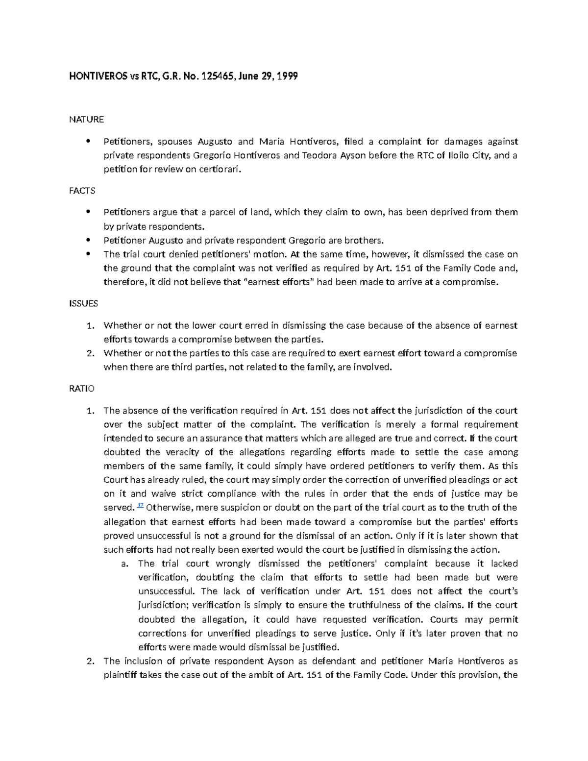 Hontiveros vs RTC - pdf consti 1 - HONTIVEROS vs RTC, G. No. 125465, June 29, 1999 NATURE - Studocu