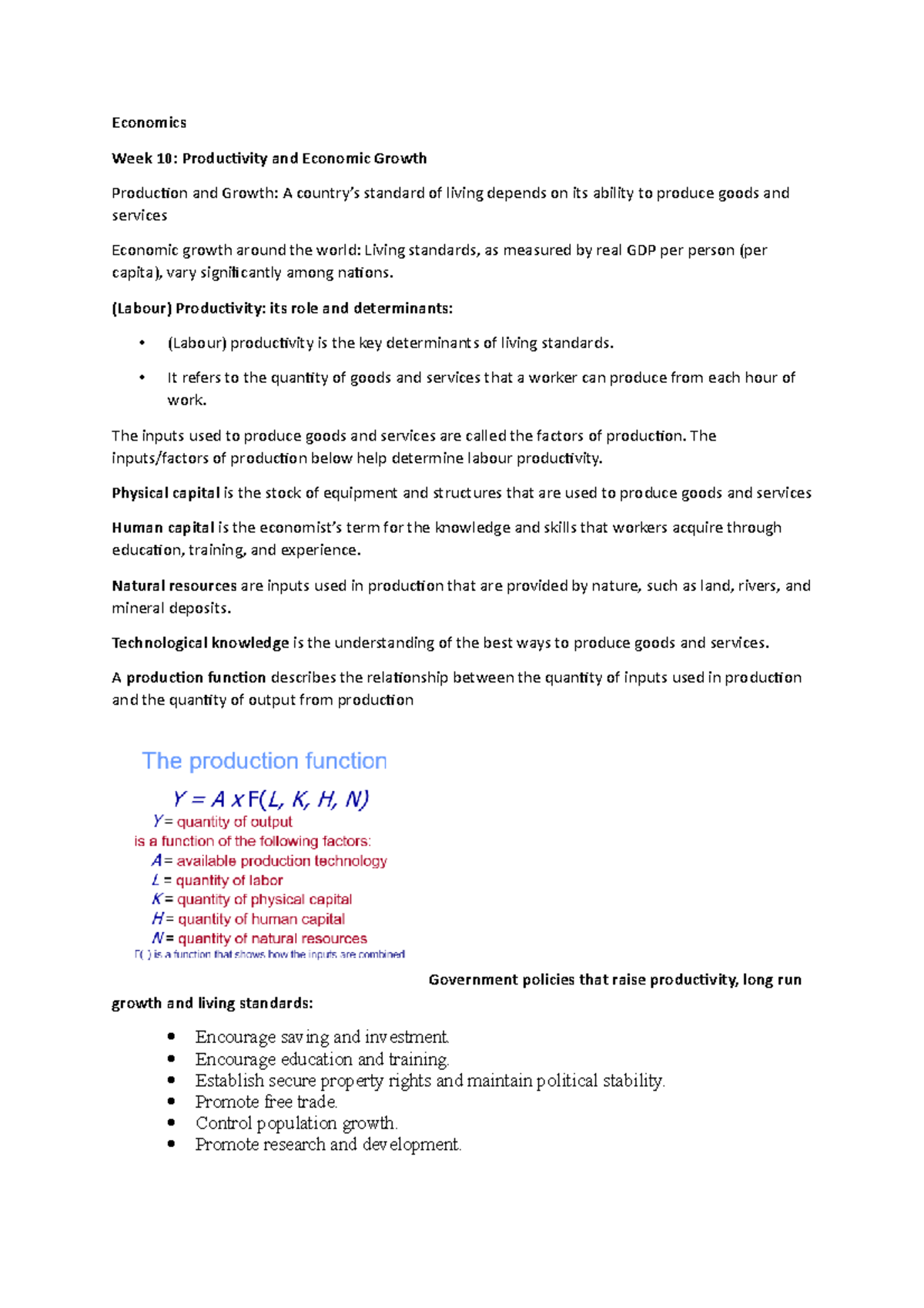 Week 10 Notes - Economics Week 10: Productivity and Economic Growth ...