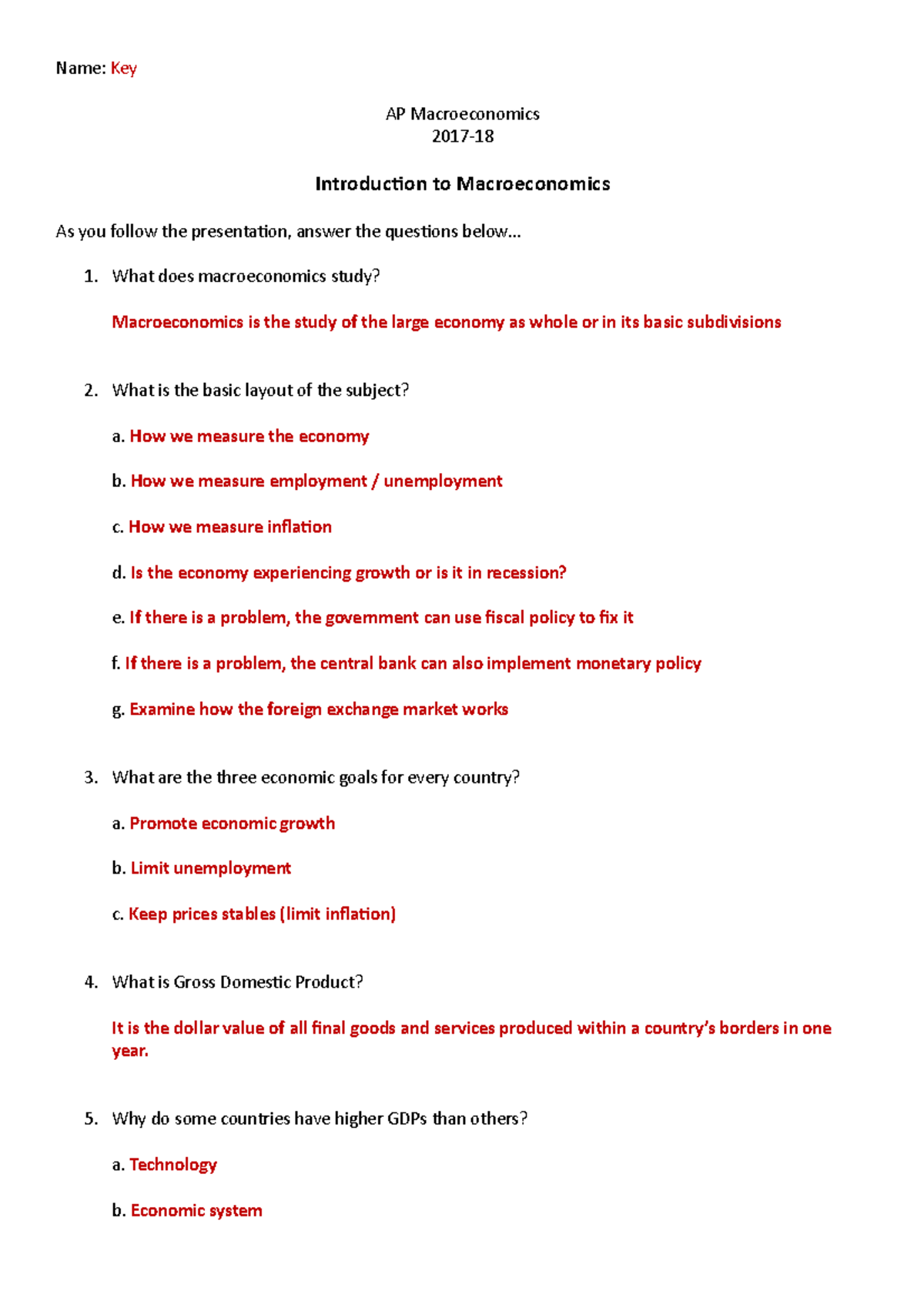 Unit 3 lecture 1 key - macro - Name: Key AP Macroeconomics 2017 ...