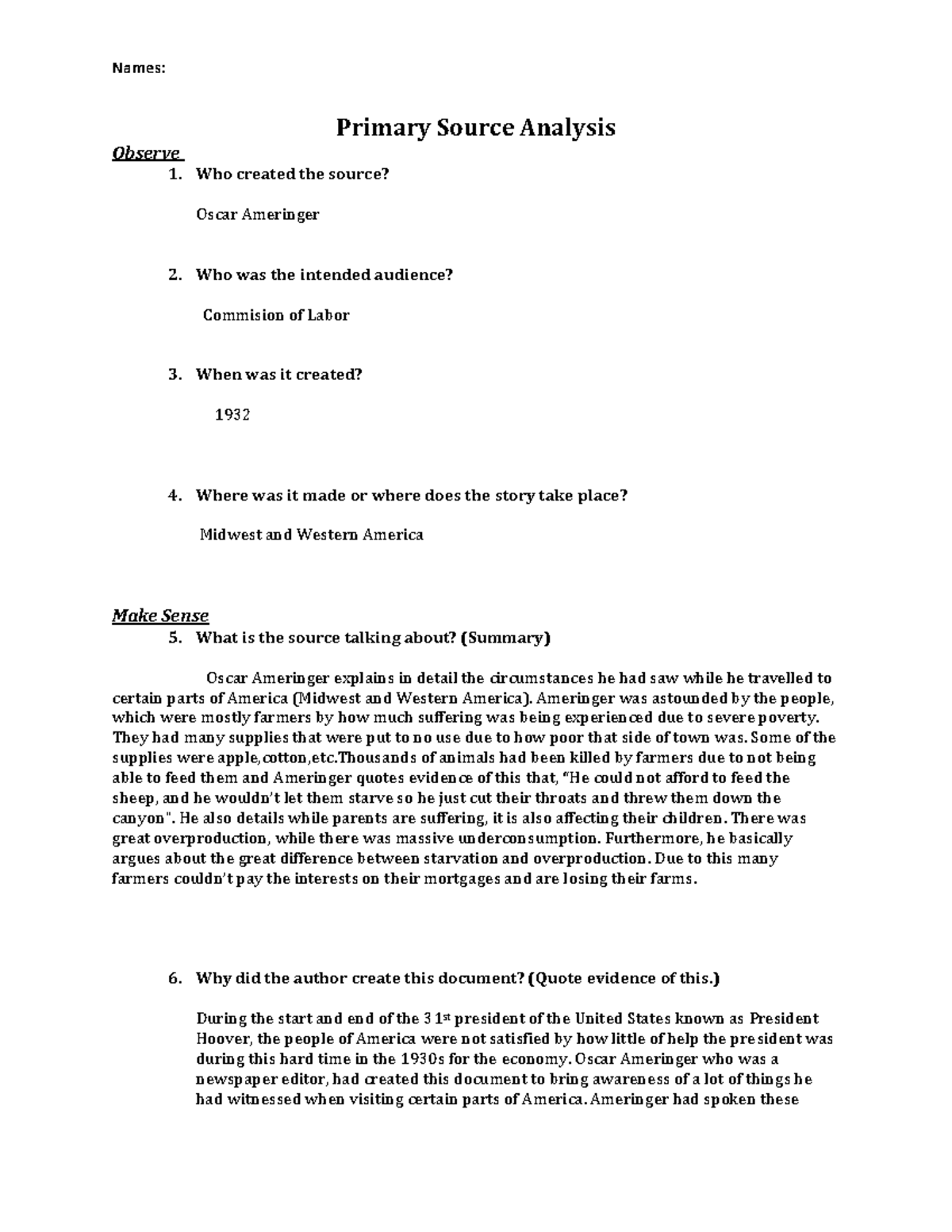 Primary Source Analysis: Oscar Ameringer's Testimony on Poverty and ...