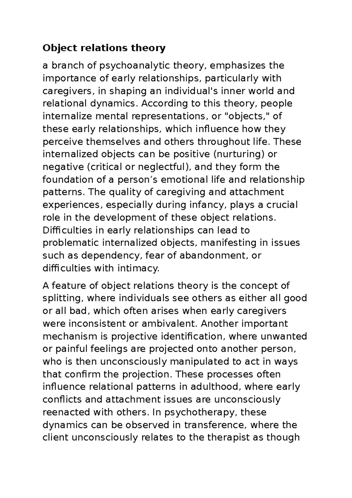 Psychological theories - Object relations theory a branch of ...