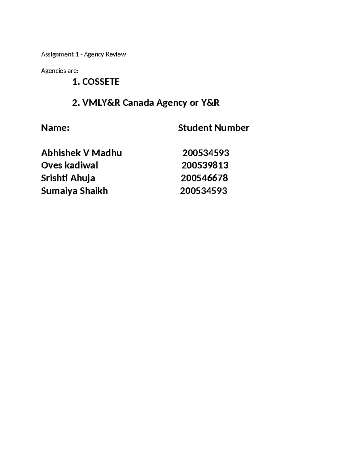 Agencies assignment - Assignment 1 - Agency Review Agencies are: 1 ...