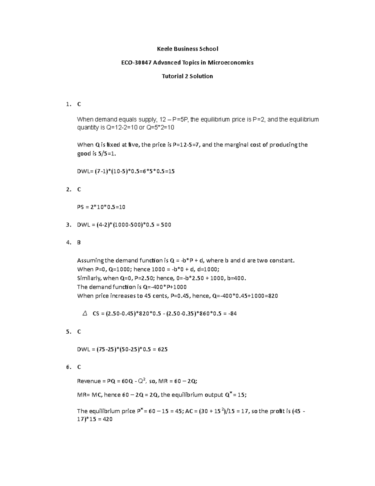 Tutorial 2 Solution - Keele Business School ECO-30047 Advanced Topics ...
