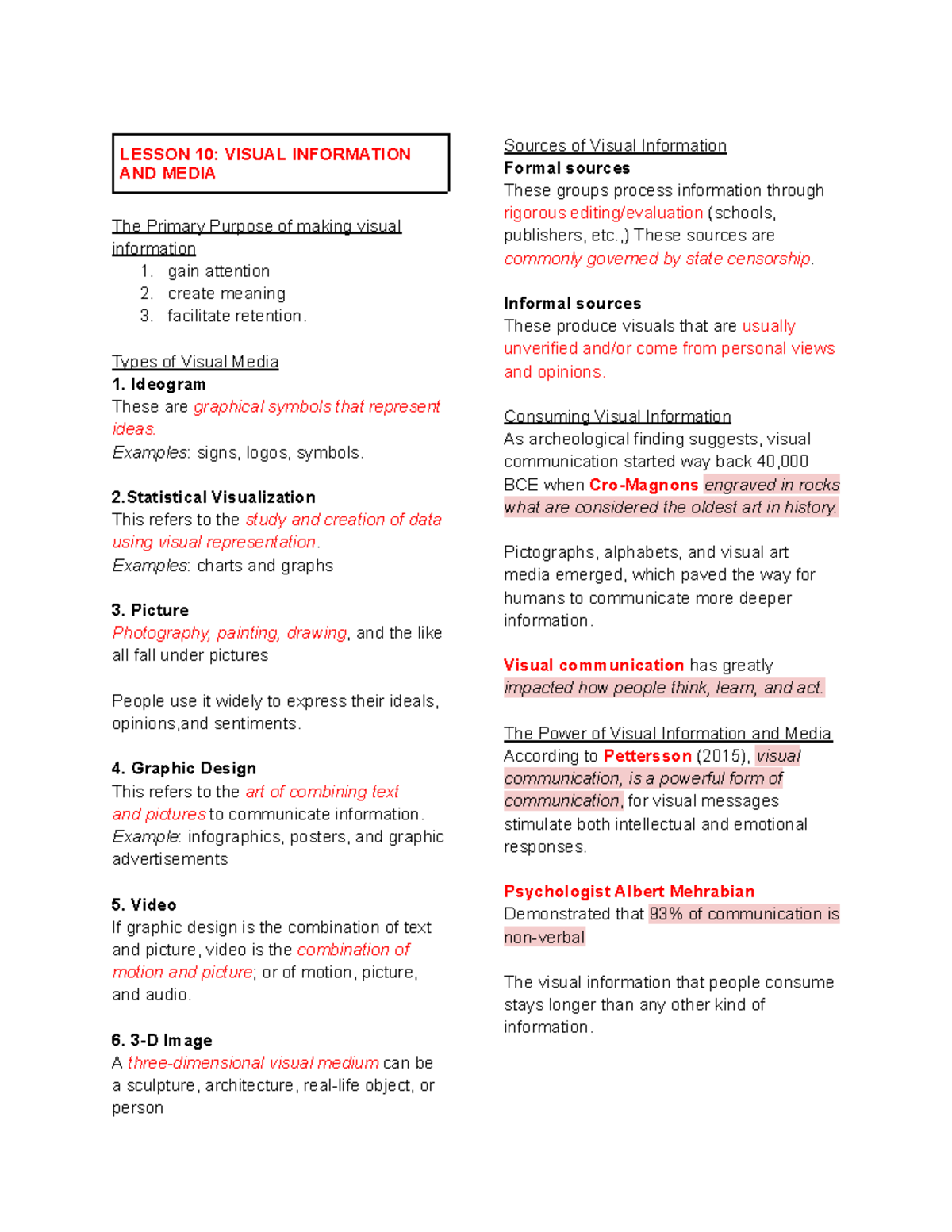 MIL Reviewer - MIL notes - LESSON 10: VISUAL INFORMATION AND MEDIA The ...