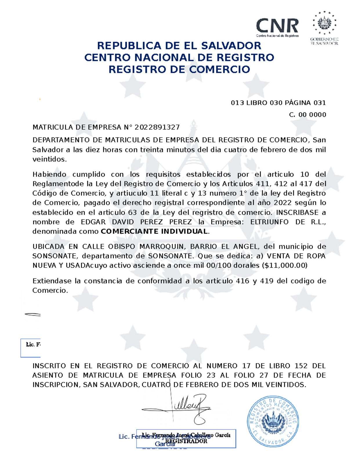 5- Matricula DE Empresa - Comerciante Individual - REPUBLICA DE EL ...