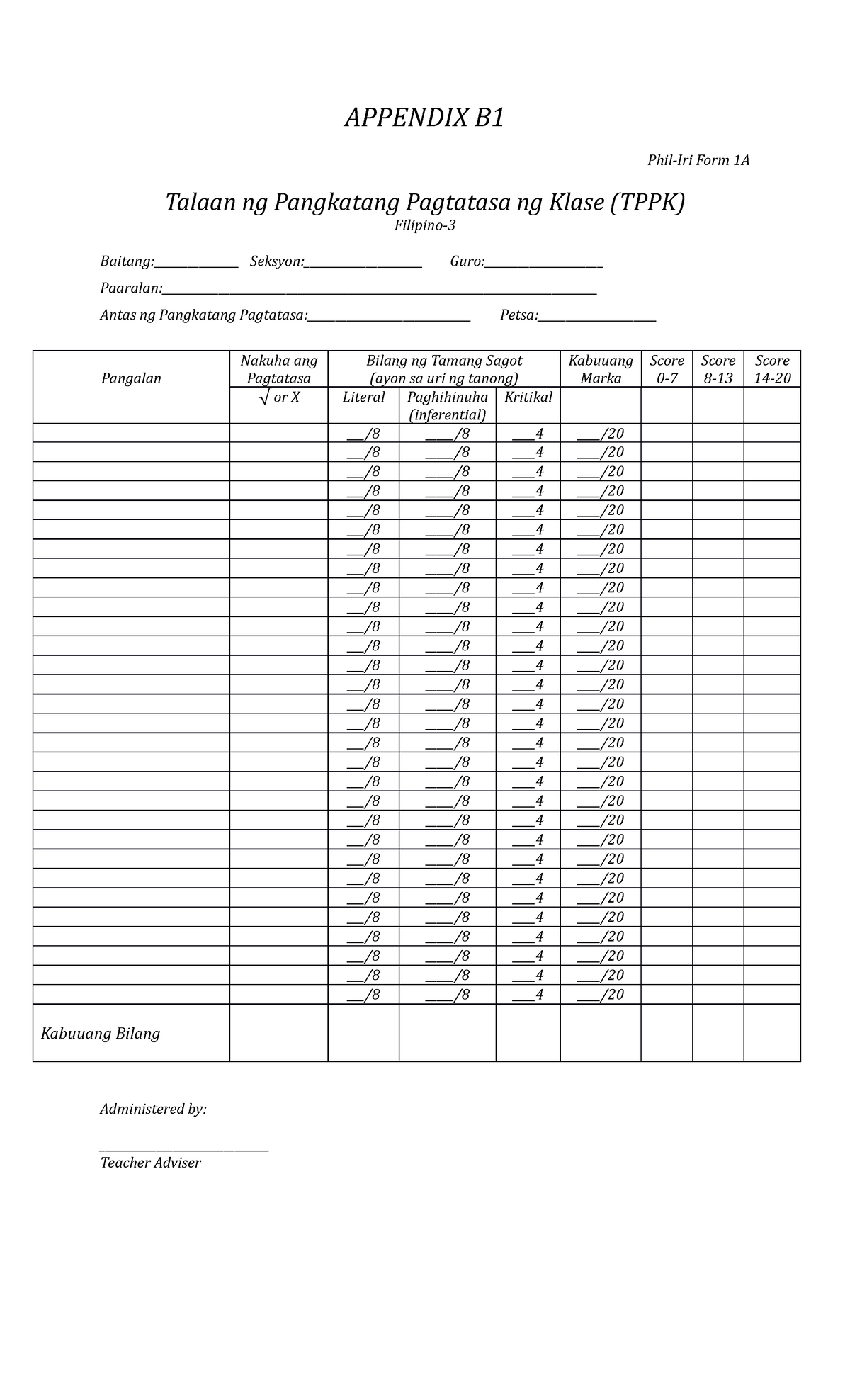 Appendix B1- filipino - Phil-Iri - Phil-Iri Form 1A Talaan ng ...