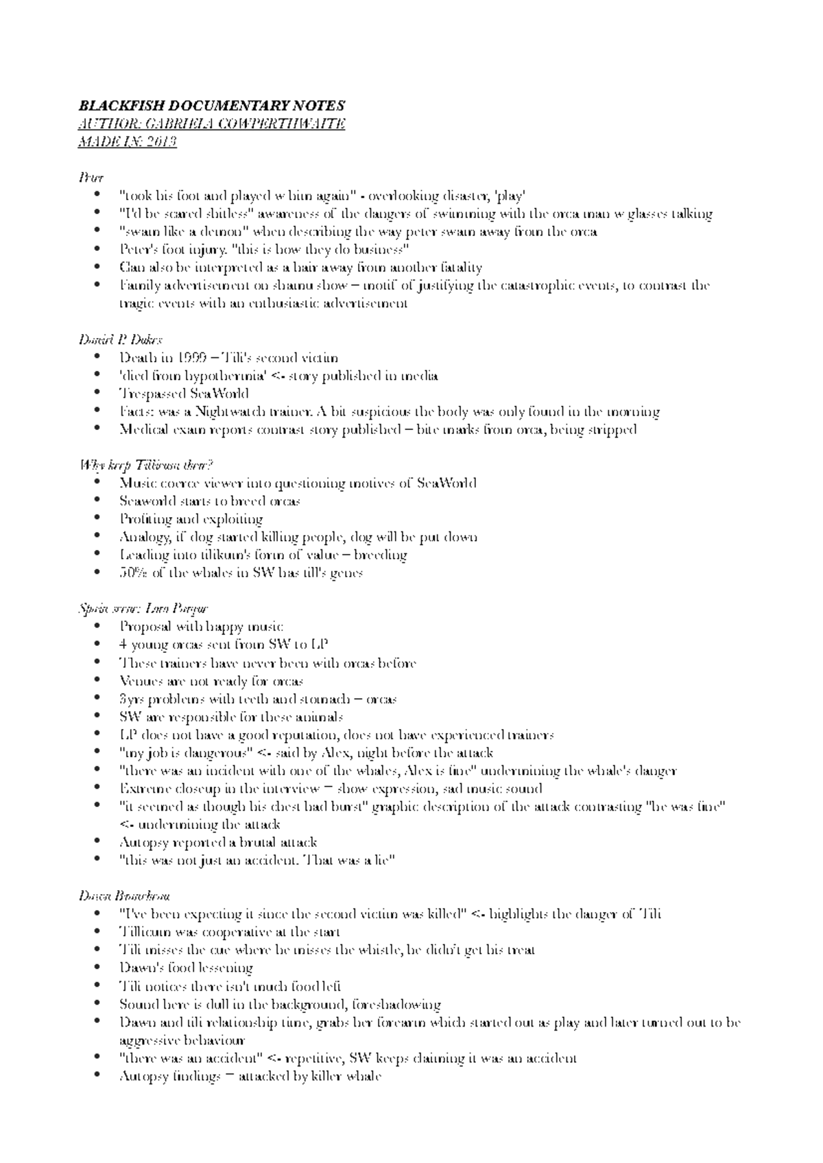 Blackfish Docu Notes - BLACKFISH DOCUMENTARY NOTES AUTHOR: GABRIELA ...