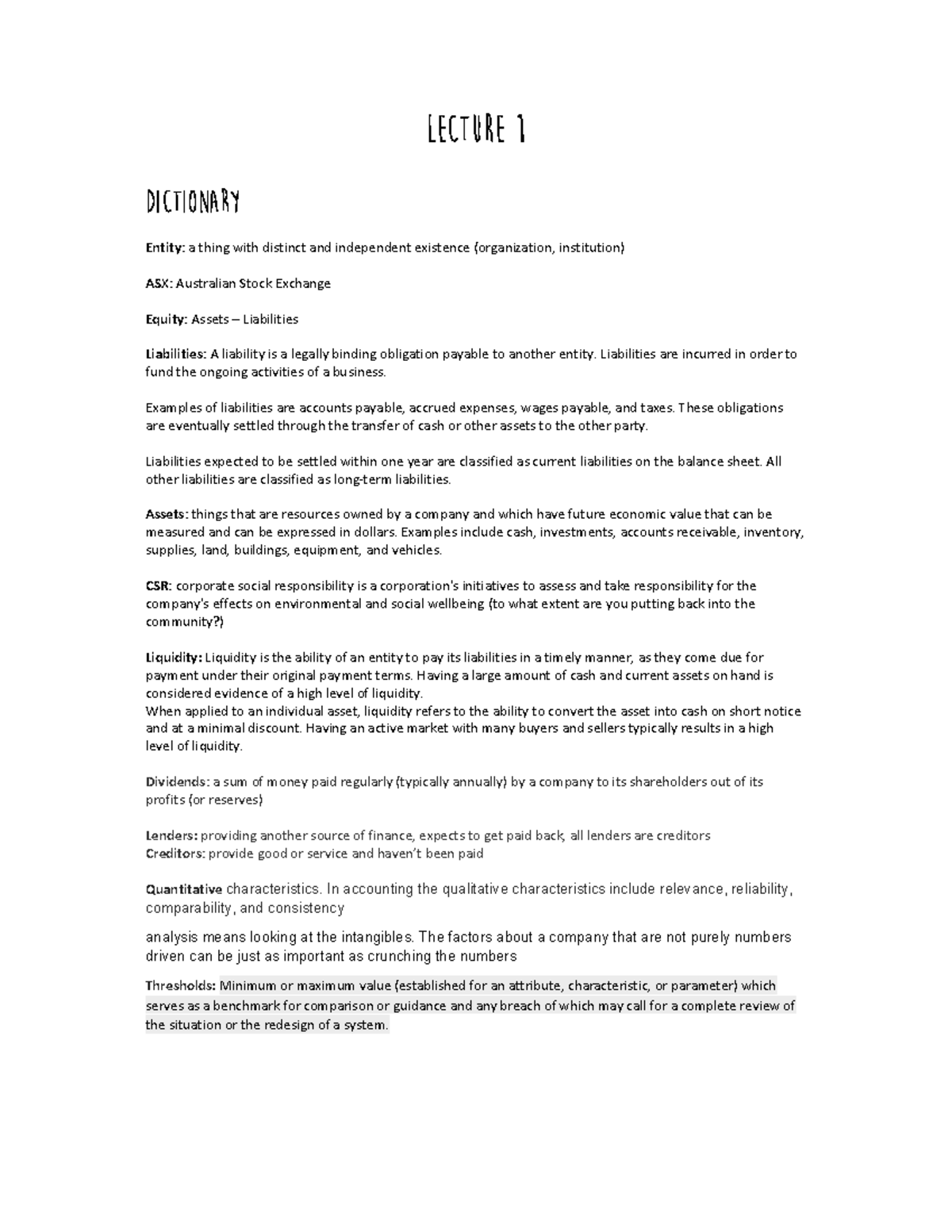 Accounting lecture 1 - Warning: TT: undefined function: 32 LECTURE 1 Dictionary Entity: a thing ...