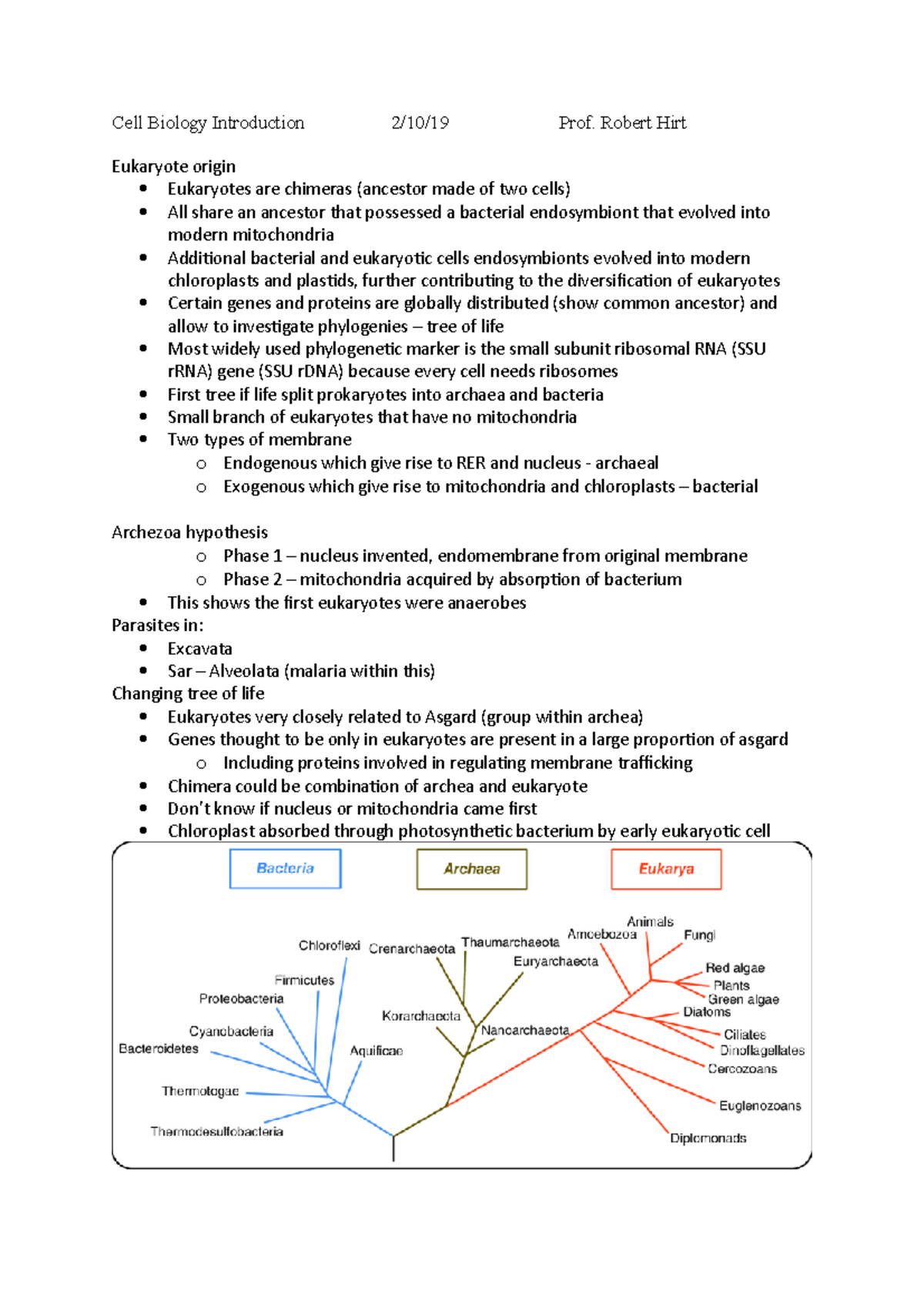 1 - Intro - Prof Robert Hirt - Cell Biology Introduction 2/10/19 Prof ...