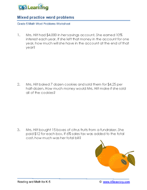 Grade 5 mixed word problems f - Reading and Math for K- 5 © k5learning ...